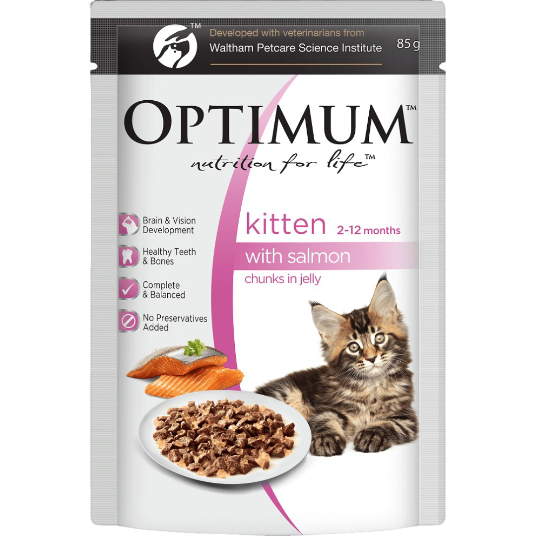Optimum Kitten Wet Cat Food Salmon In Jelly Pouch | Top dogs on price ...